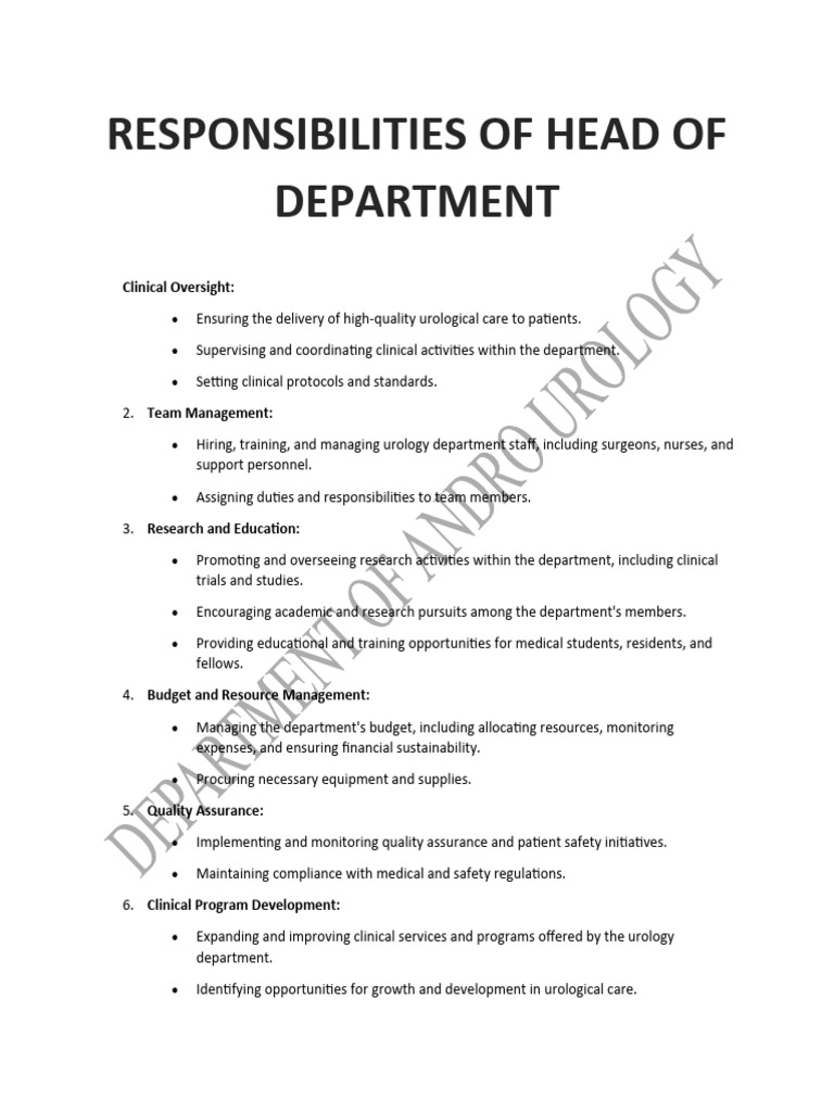 Urology Department Head Responsibilities | PDF | Patient | Patient Safety
