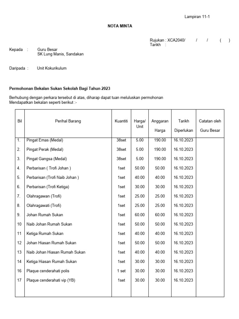 Nota Minta Sukan 2023 | PDF