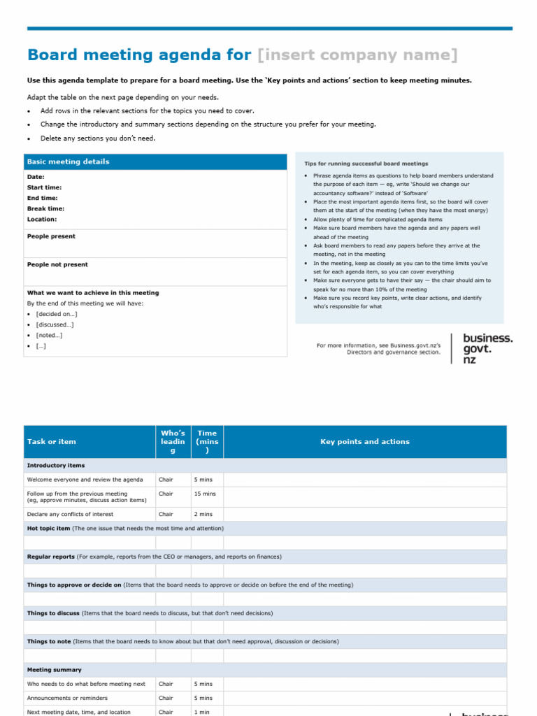 Board Meeting Agenda Template Pdf