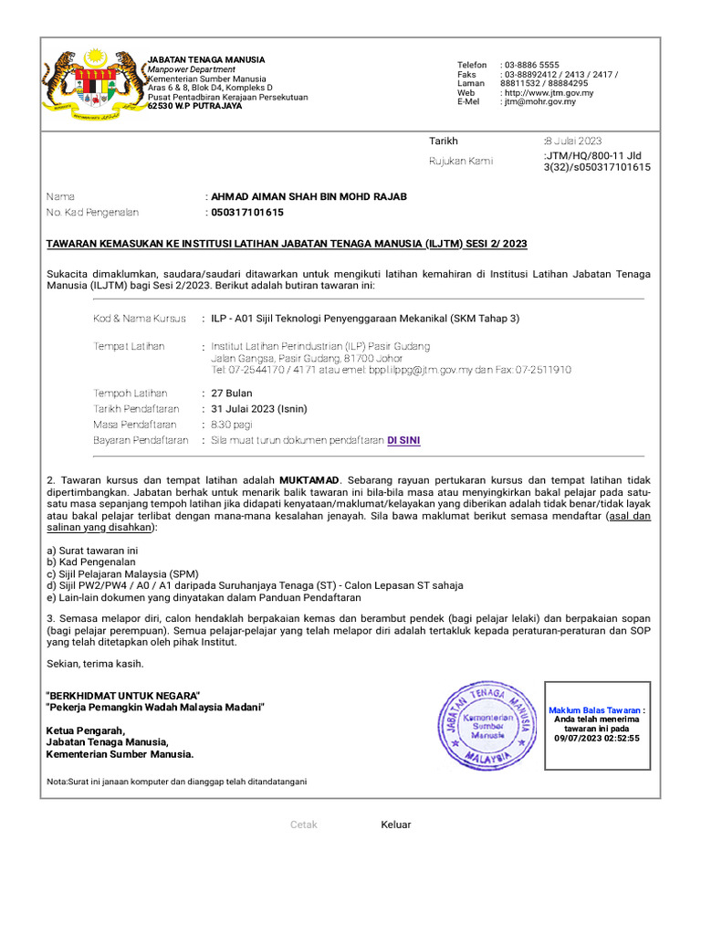 Surat Tawaran Kemasukan ILJTM | PDF