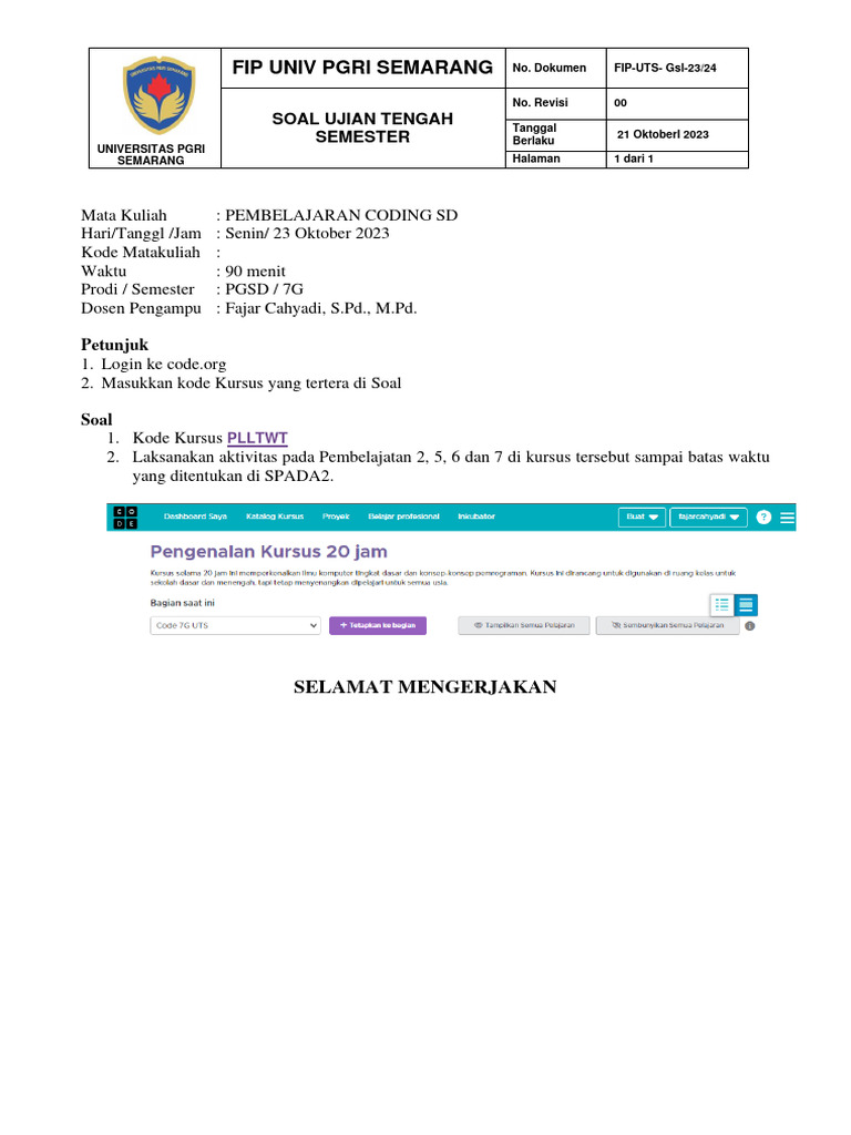 SOAL UTS Pembelajaran Coding SD 7G GSL 2023-2024 | PDF