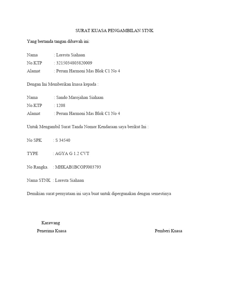 Surat Kuasa Pengambilan STNK | PDF