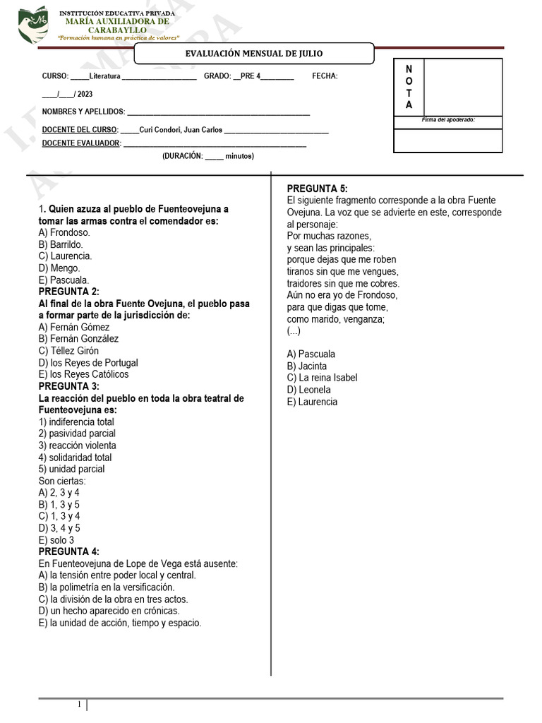 Examen de Fuenteovejuna para Pre4 | PDF | Obras de teatro | Teatro