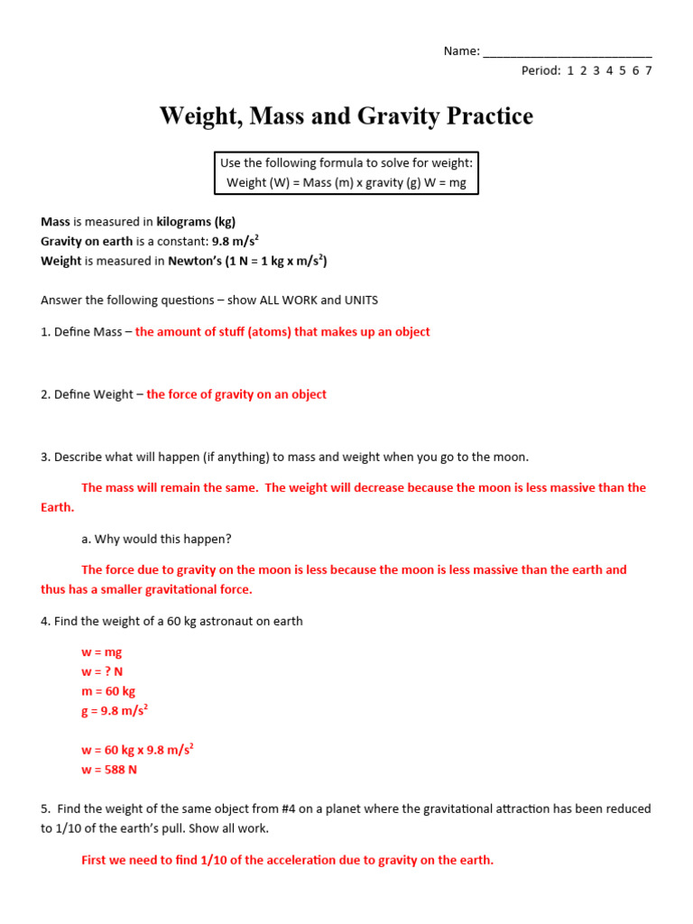 Weight Mass Gravity Practice Answers | PDF | Weight | Mass