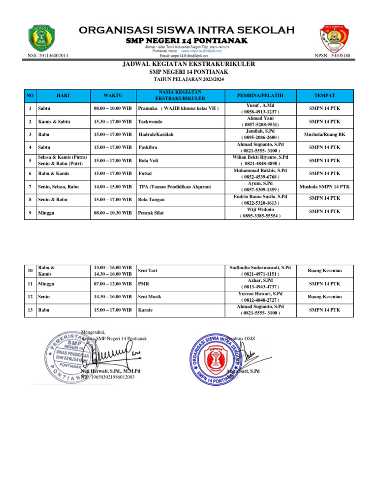 Jadwal Latihan Ekskul Revisi 2023-2024 | PDF