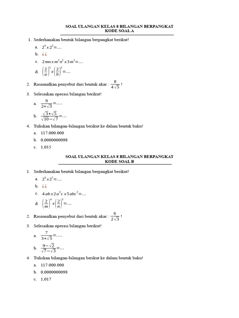 Soal Ulangan Kelas 8 Bilangan Berpangkat | PDF