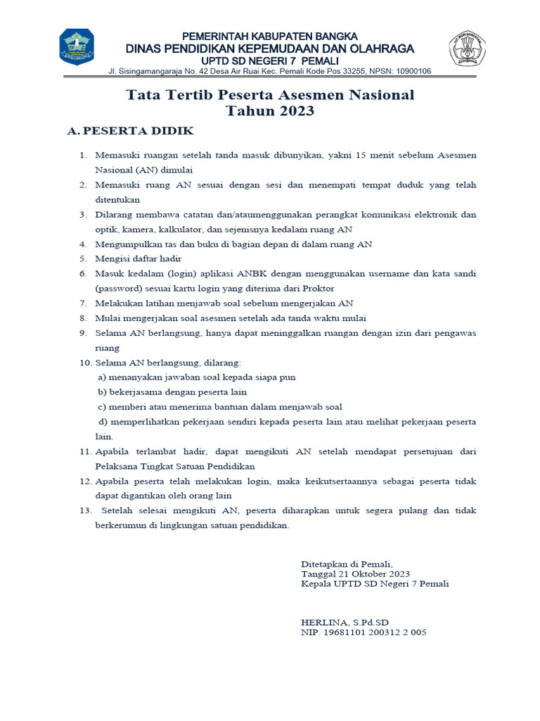 Tata Tertib Peserta, Pengawas, Proktor, Teknisi Anbk 2022 | PDF