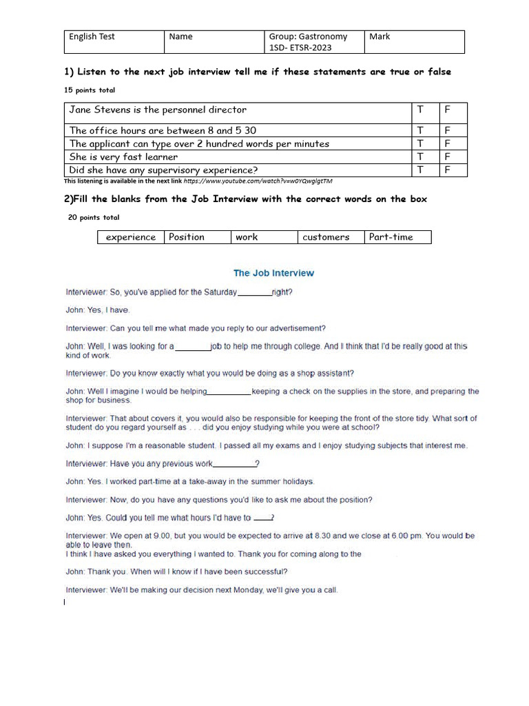 Job Interview Listening Test | PDF