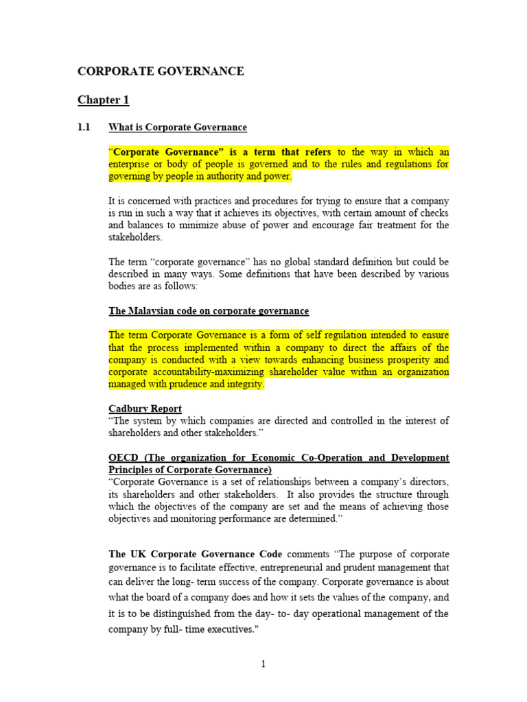 Chapter 1 - Corporate Governance | PDF | Corporate Governance | Governance