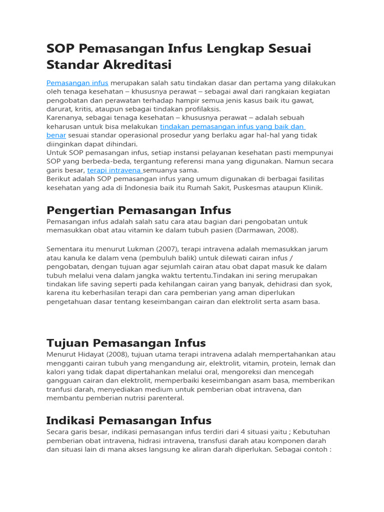 SOP Pemasangan Infus Lengkap Sesuai Standar Akreditasi | PDF