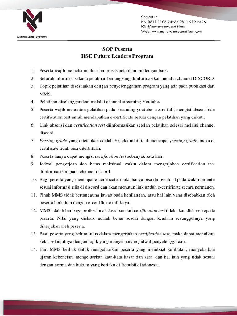 SOP Mengikuti HSE Future Leaders Program | PDF
