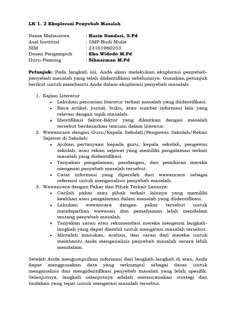 LK 1. 2 Eksplorasi Penyebab Masalah | PDF
