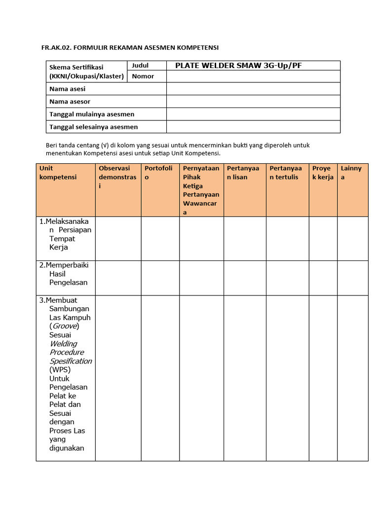 FR - Ak.02. Formulir Rekaman Asesmen Kompetensi | PDF