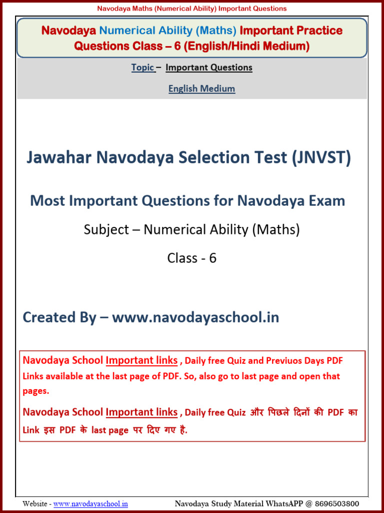 Navodaya Maths English Important Questions | Download Free PDF ...