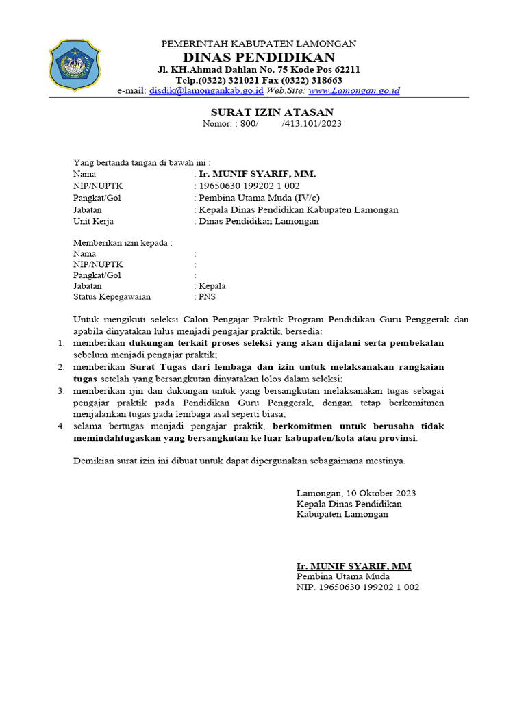 Izin - Atasan - CPP - Dinas Pendidikan | PDF