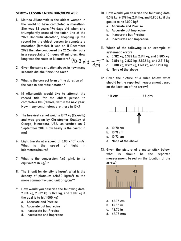 Mock Quiz | PDF | Accuracy And Precision | Significant Figures
