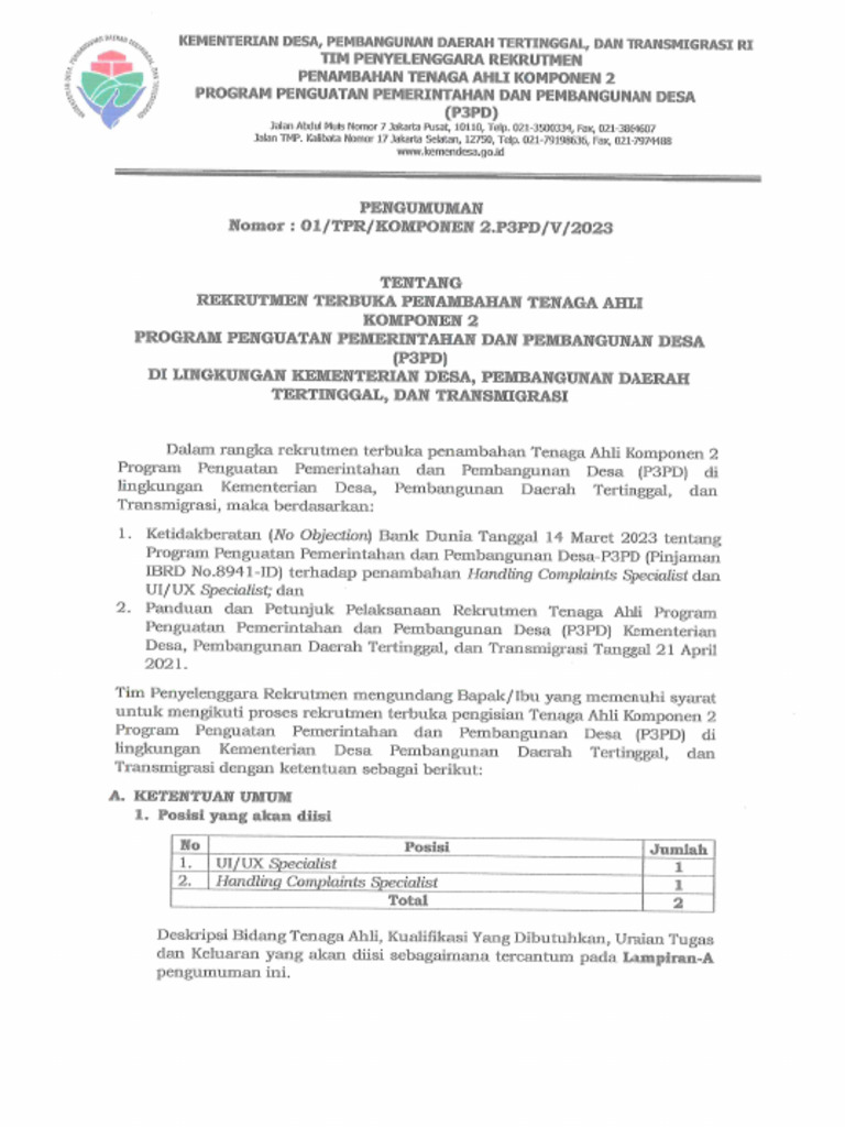 Pengumuman Rekrutmen Penambahan TA P3PD 2023 | PDF