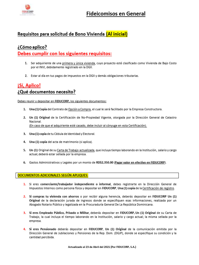 Requisitos Bono Vivienda FIDUCORP | PDF | Pensión | República Dominicana