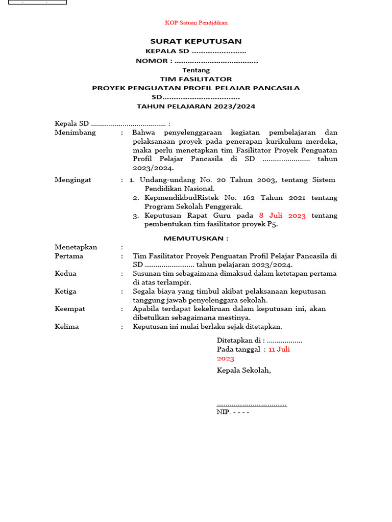 Contoh. SK FASILITATOR PROYEK P5 TP 2022-2023 | PDF