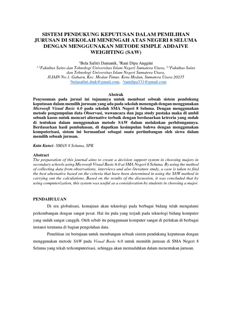 Sistem Pendukung Keputusan Dalam Pemilihan Jurusan Di Sekolah Menengah Atas Negeri 8 Seluma ...