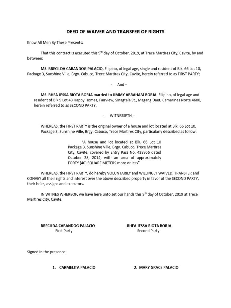 Deed of Waiver and Transfer of Rights | PDF Deed of Waiver and Transfer of Rights | PDF