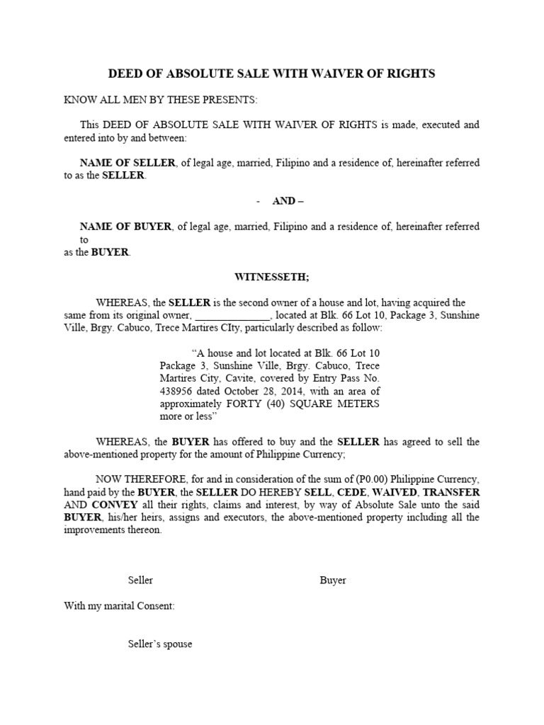 Deed of Absolute Sale With Waiver of Rights | PDF | Sales | Deed