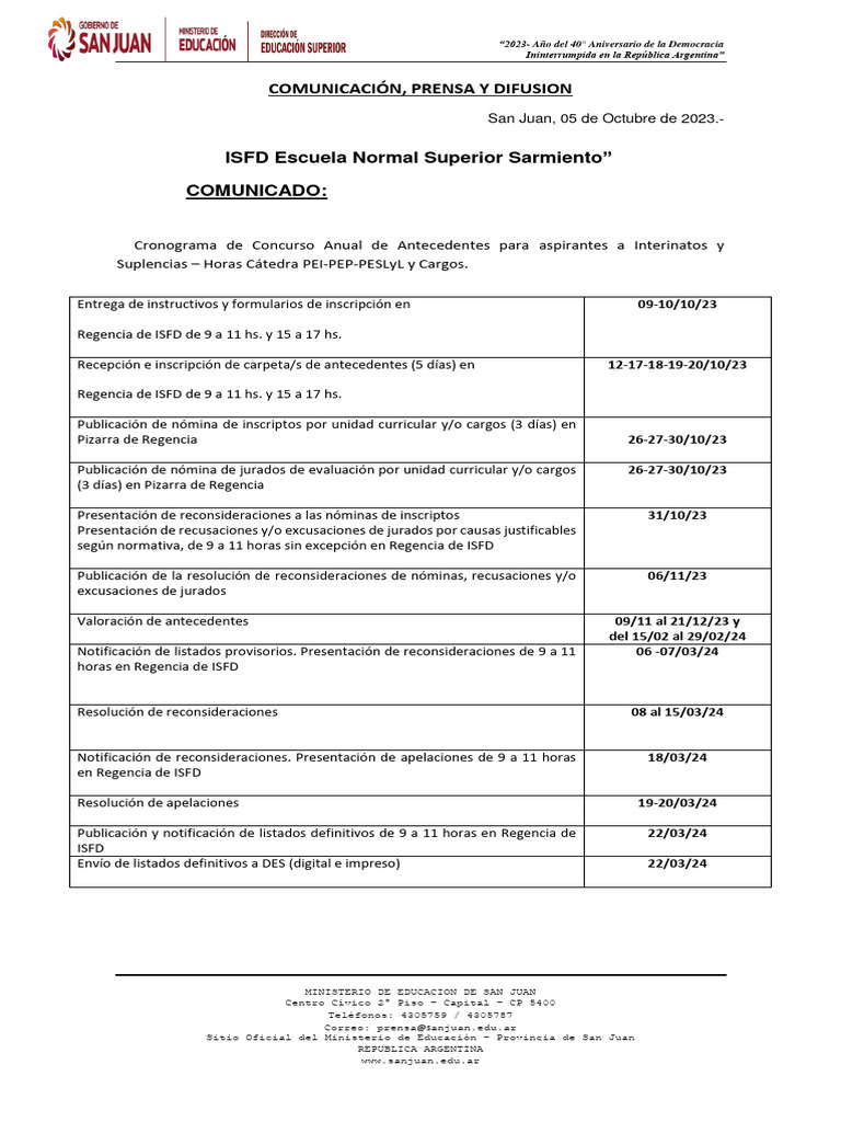 Enss Sarmiento Convocatoria Anual Superior | PDF