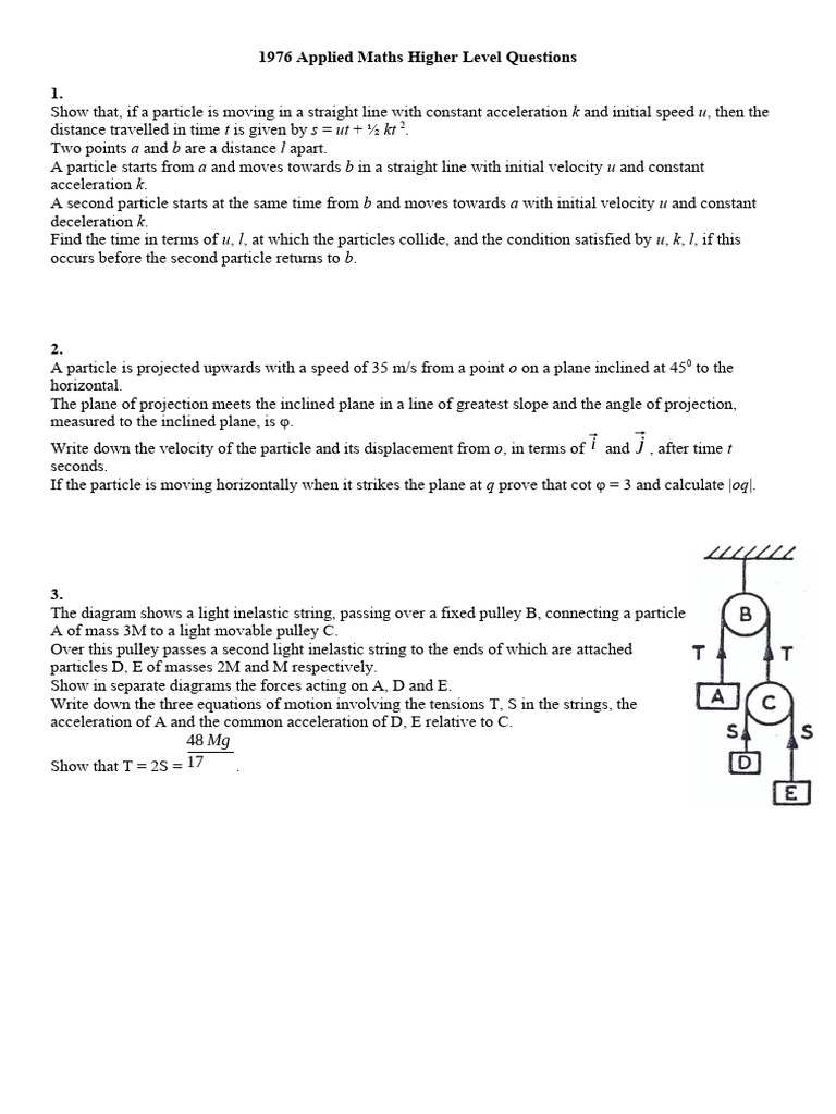 1976 Applied Maths Higher Level Questions 1 | PDF | Force | Acceleration