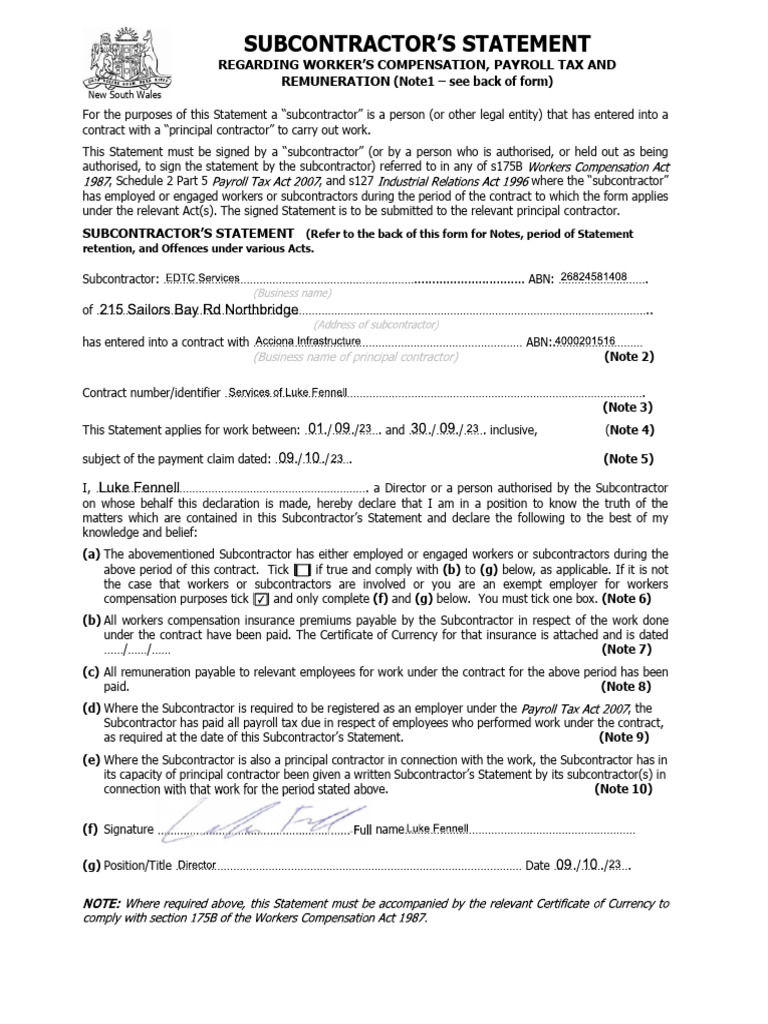 Subcontractor'S Statement: Regarding Worker'S Compensation, Payroll Tax ...