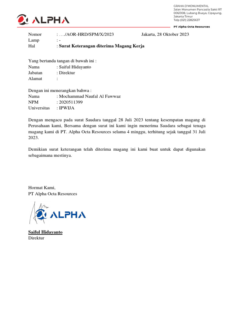 Surat Diterima Magang Kerja | PDF