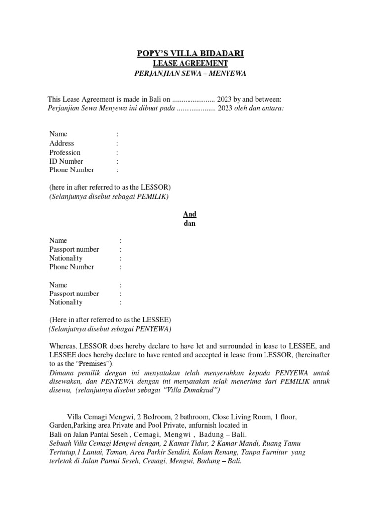 POPY’S VILLA BIDADARI - LEASE AGREEMENT (2)_2 | PDF