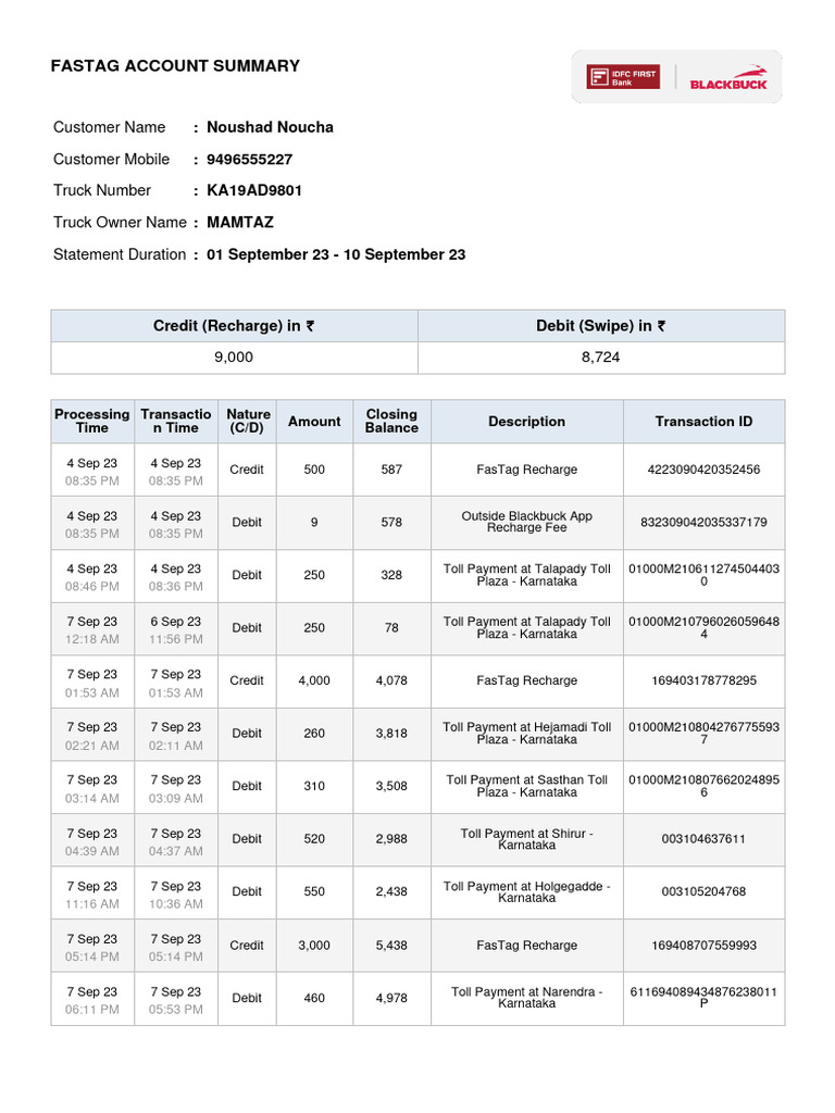 IDFC FASTag Summary1694338464880 | PDF | Credit Card | Service Industries