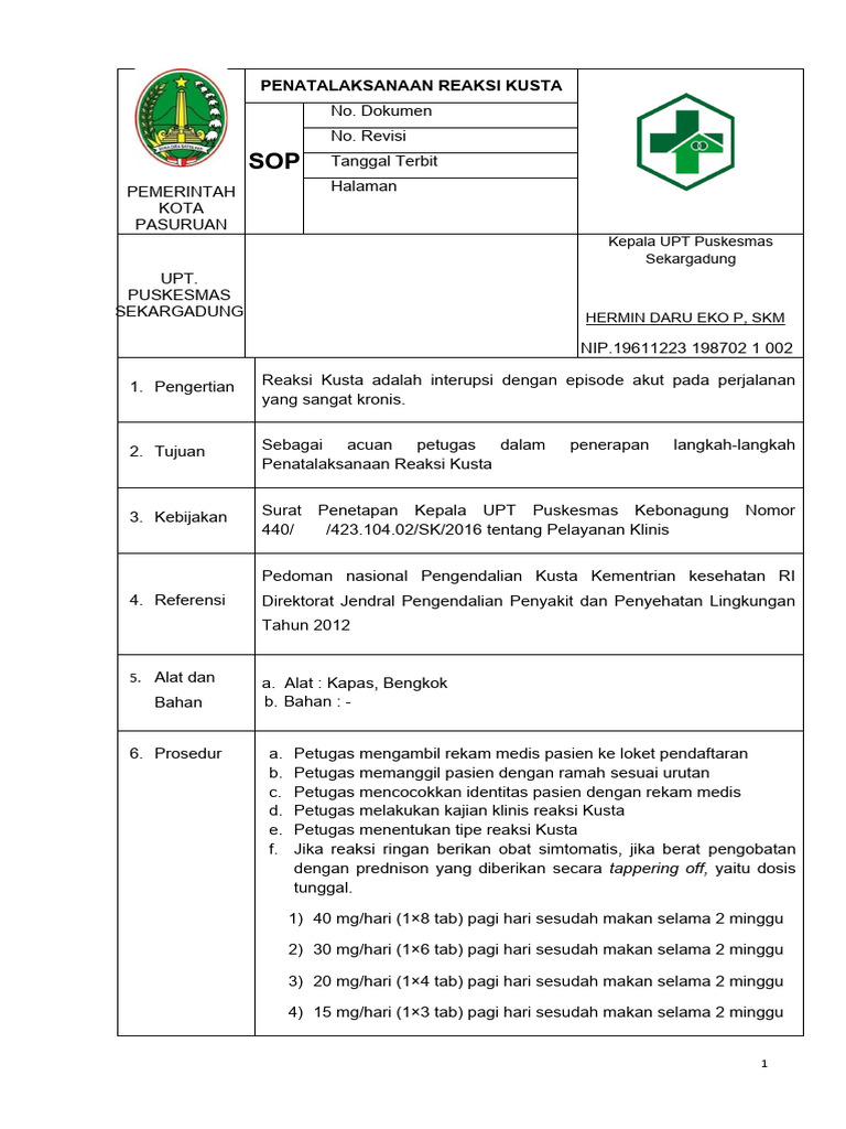 SOP Penatalaksanaan Reaksi Kusta Terbaru | PDF