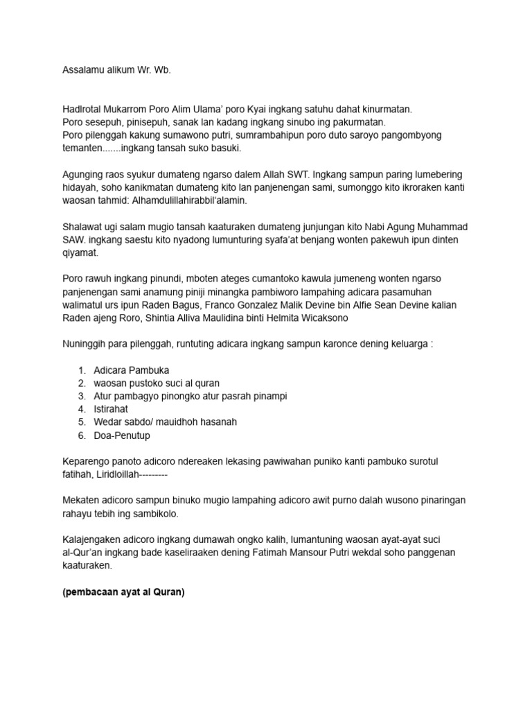 Teks Pranatacara, Bahasa Jawa | PDF