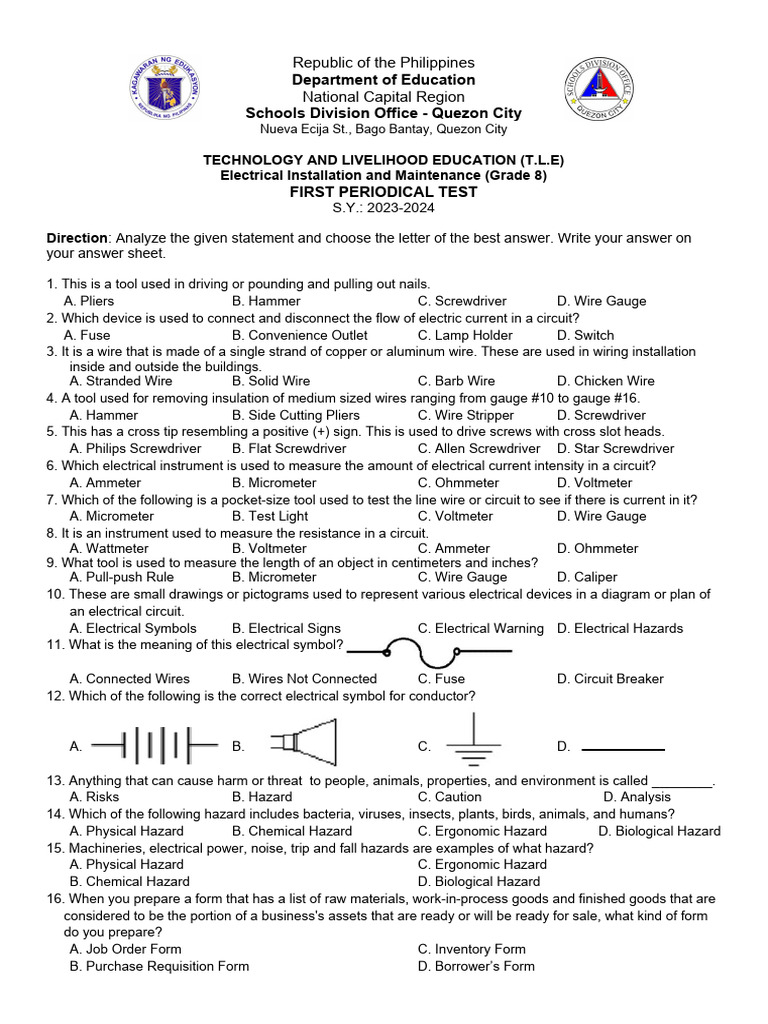 TLE 8 First Quarter Exam EIM 23 24 | PDF