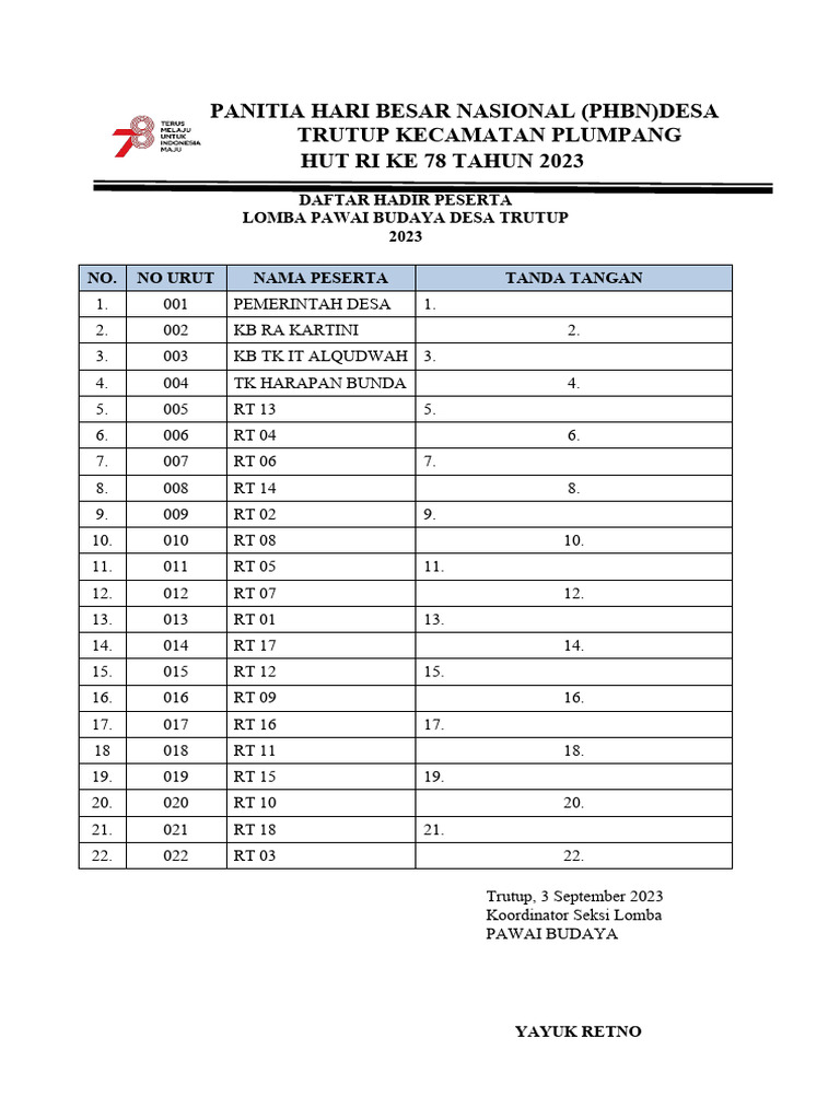 absensi peserta lomba | PDF