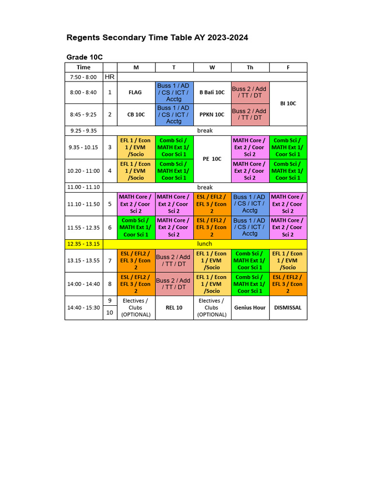Grade 10C Time Table AY 2023-2024 | PDF