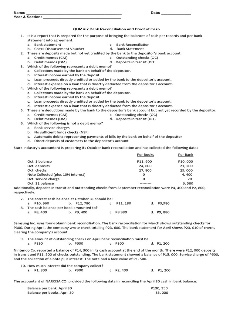 Bank Reconciliation and Cash Quiz | PDF | Deposit Account | Banks