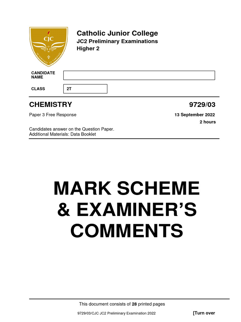 2022 JC2 H2 CHEM PRELIM P3 MS - Examiners Comments | PDF | Reaction Rate | Acid
