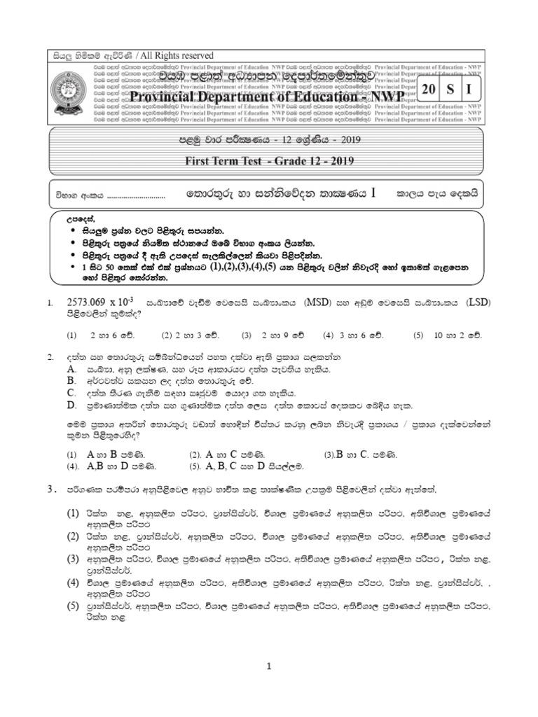 Grade 12 ICT 1st Term Test Paper With Answers 2019 North Western ...