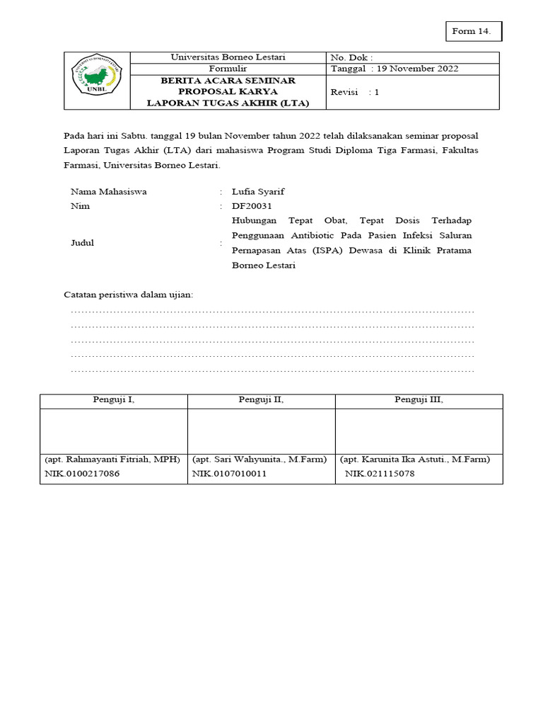 Form 14. Formulir Berita Acara Ujian KTI | PDF