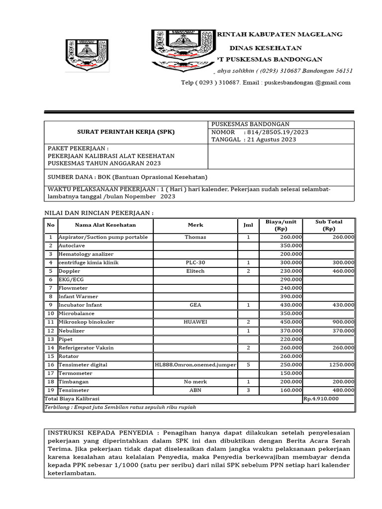 SPK Kalibrasi Alat Kesehatan Puskesmas Bandongan | PDF | Griya & Taman ...