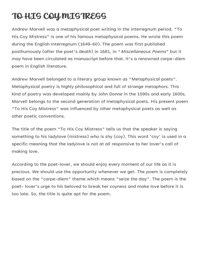 To His Coy MISTRESS | PDF | Poetry