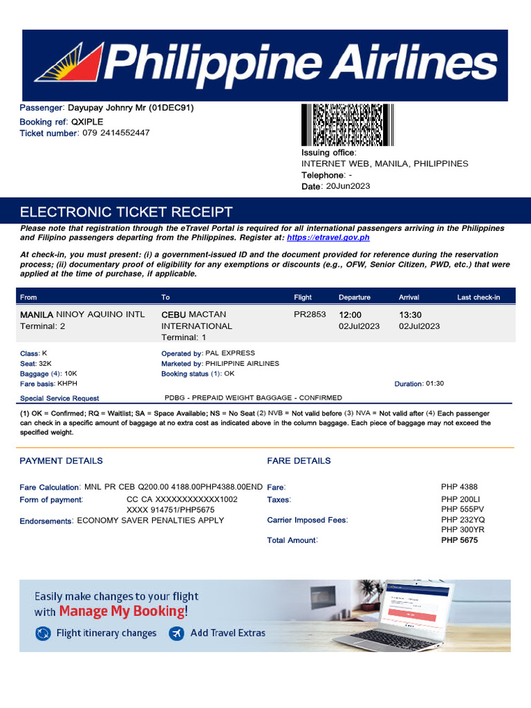 Electronic Ticket Receipt 02JUL For JOHNRY DAYUPAY - 2 | PDF | Finance & Money Management