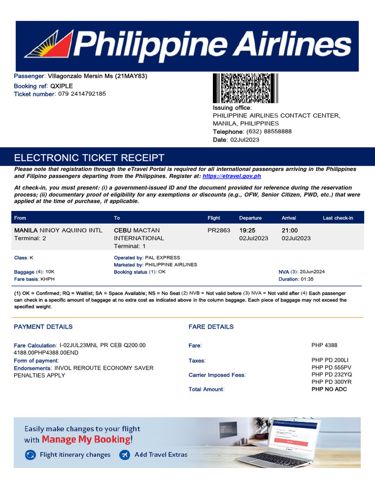 Philippine Airlines Electronic Ticket Receipt | PDF | Transport