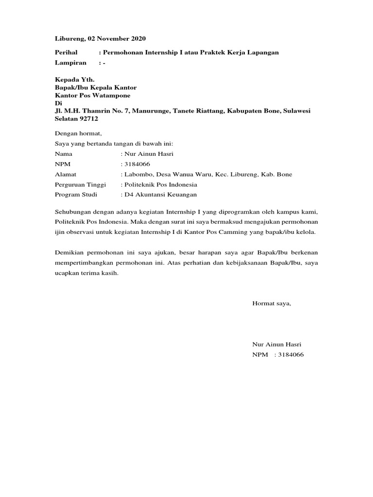 Permohonan Internship di Kantor Pos | PDF