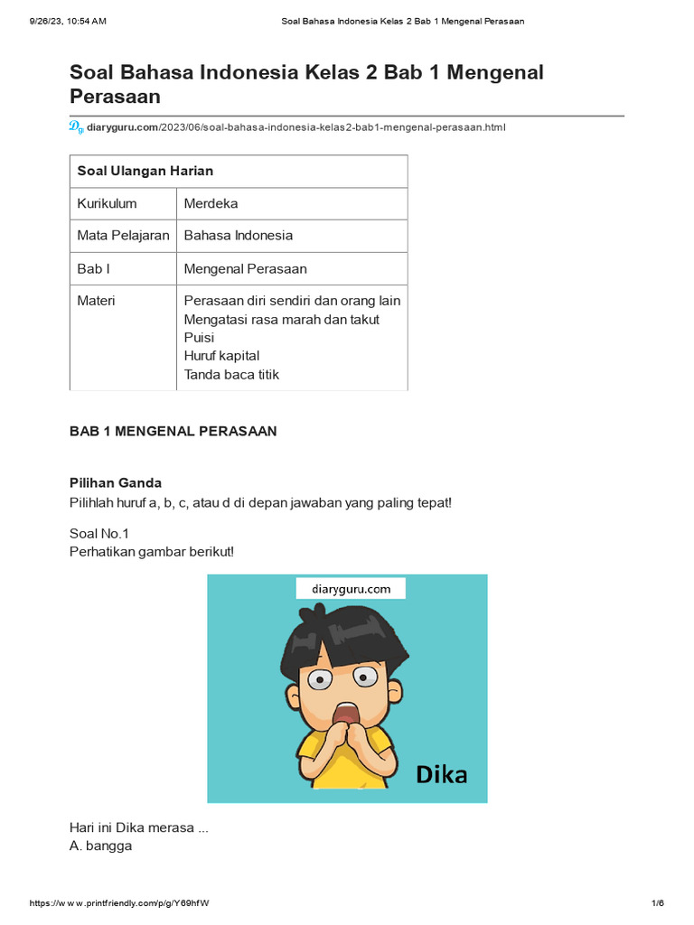 Soal Bahasa Indonesia Kelas 2: Mengenal Perasaan | PDF