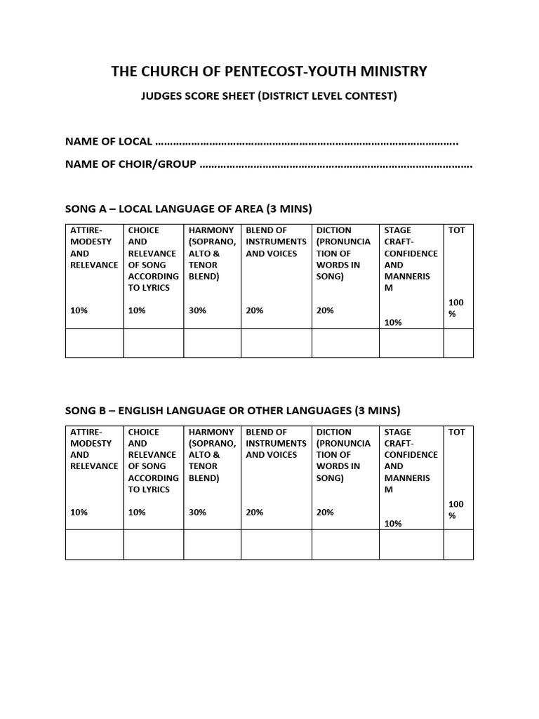 Pentecost Youth Ministry Contest Score Sheet | PDF
