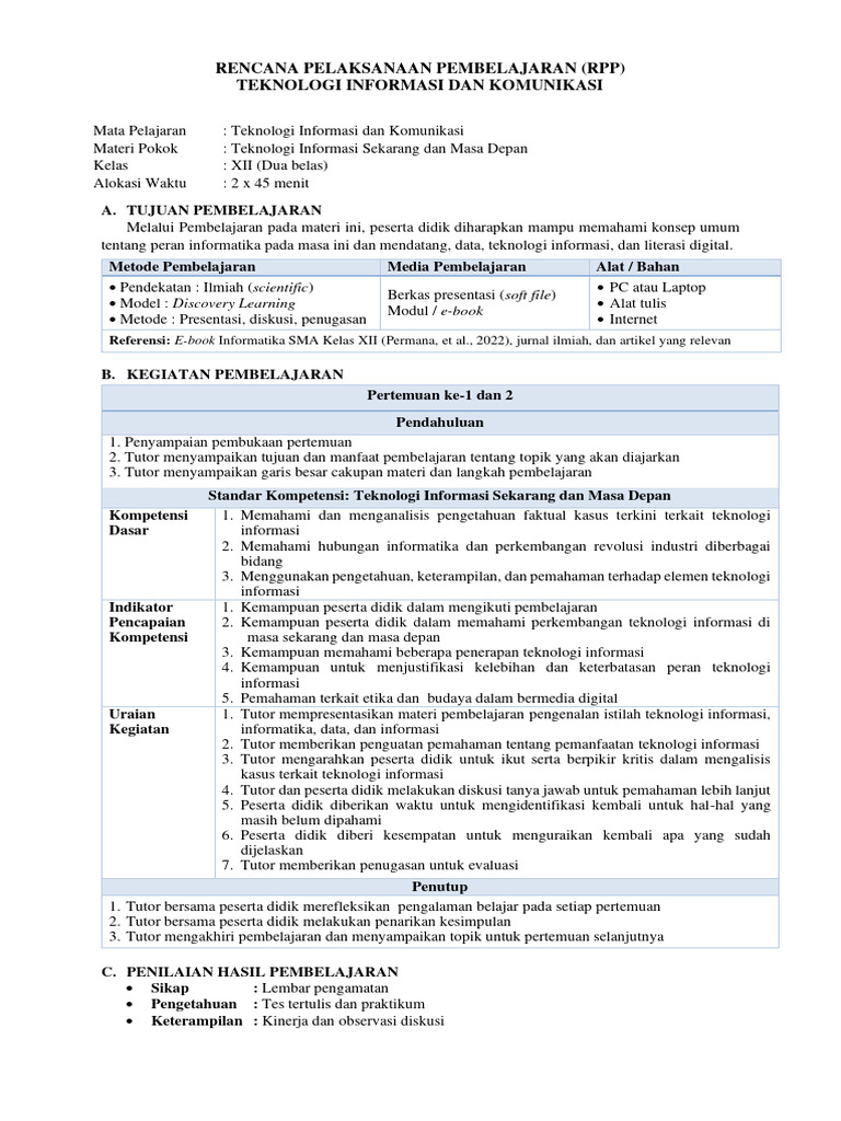 RPP K13 Tik Kelas 12 - Peran Teknologi Informasi | PDF