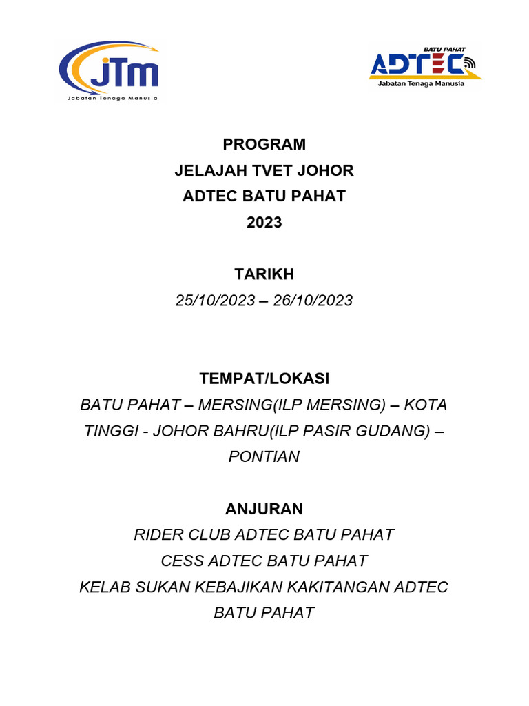 Kertas Kerja Jelajah Tvet Johor Adtec Batu Pahat | PDF